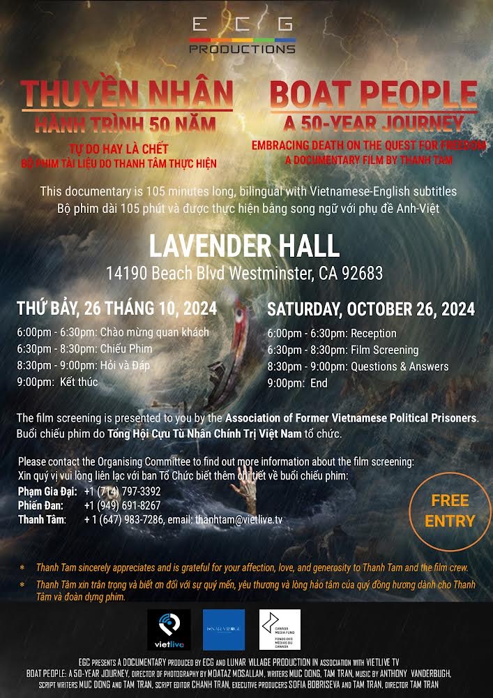Chiếu Phim “Thuyền Nhân Hành Trình 50 Năm” 6pm Thứ Bảy Oct. 26, 2024 ...