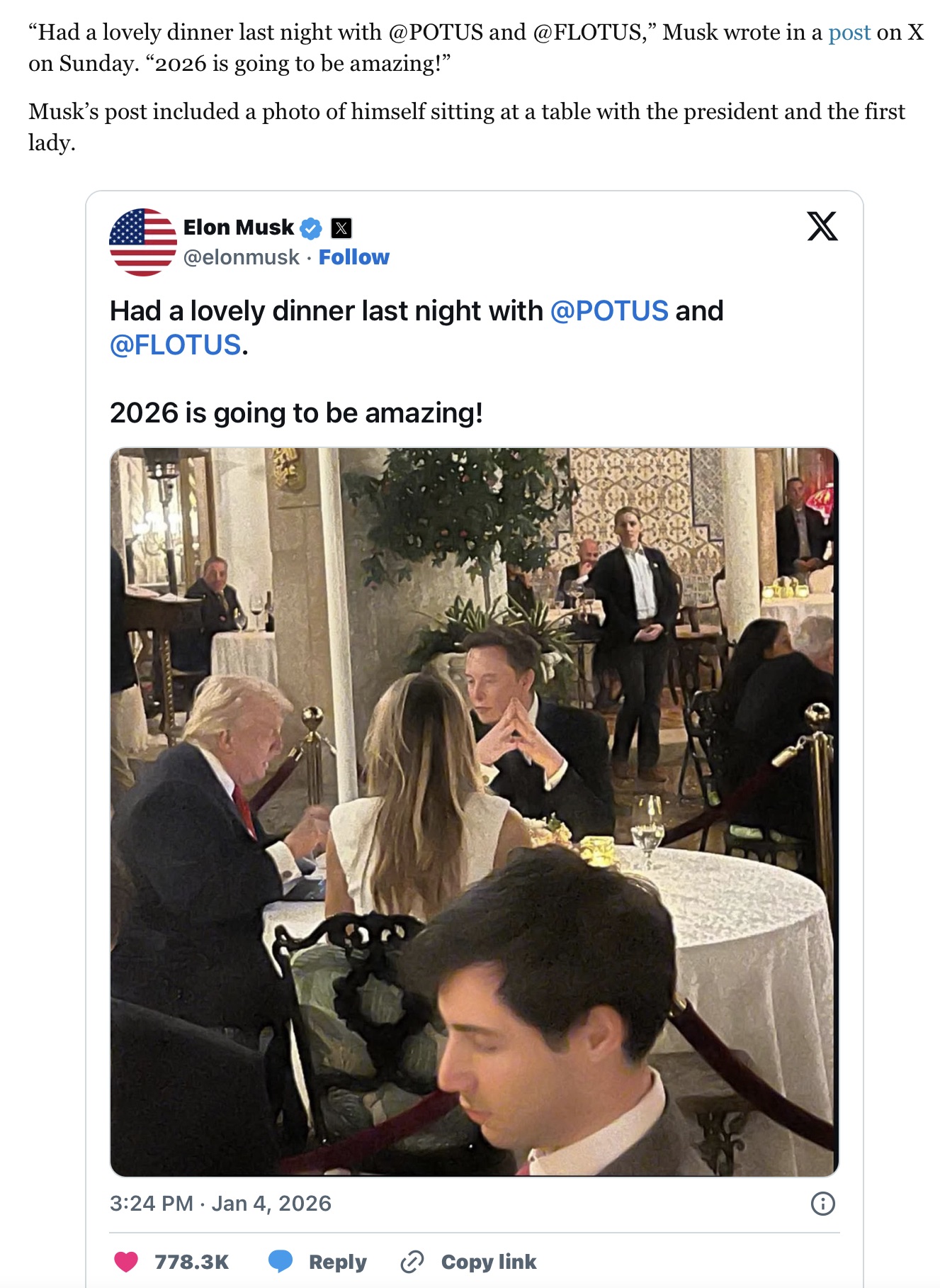 Elon Musk Shares Photo of Himself Dining with Donald and Melania Trump ...